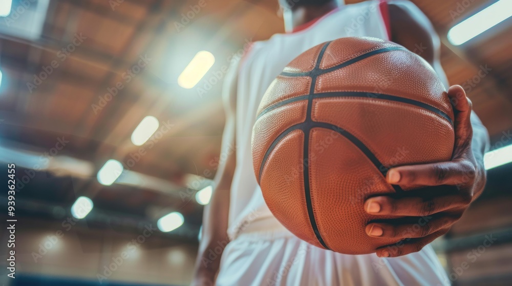 Skilled player effortlessly spinning a basketball on his finger during ...