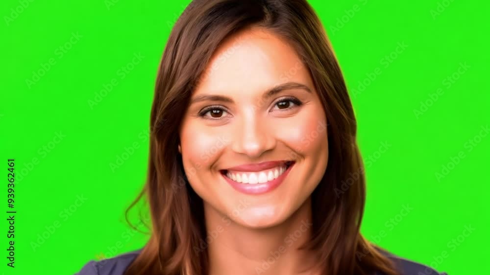 Beautiful Positive woman with big smile on green screen. Young brunette ...