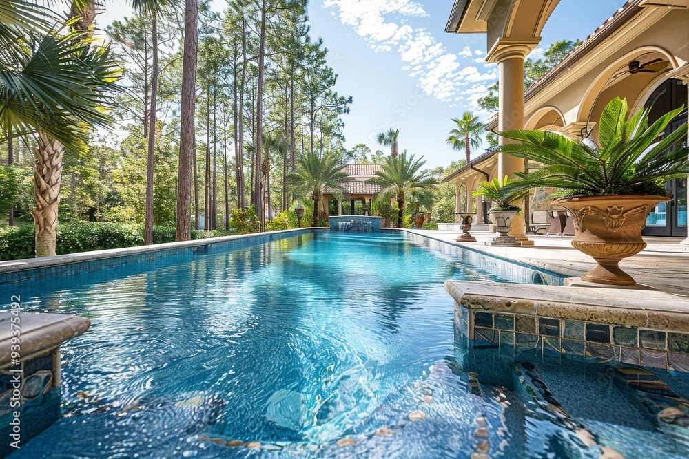 Outdoor swimming pool with decorative water features, marble tiles ...