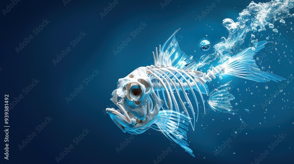 Detailed underwater scene showcasing a digital fish skeleton with clear ...