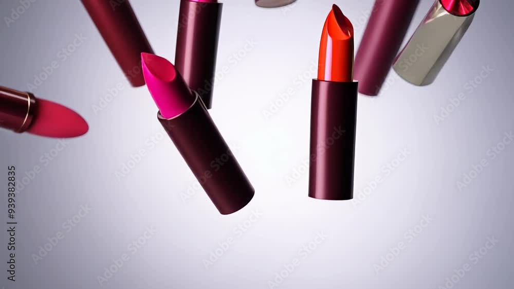 dynamic composition of multiple lipsticks in various shades of red and ...