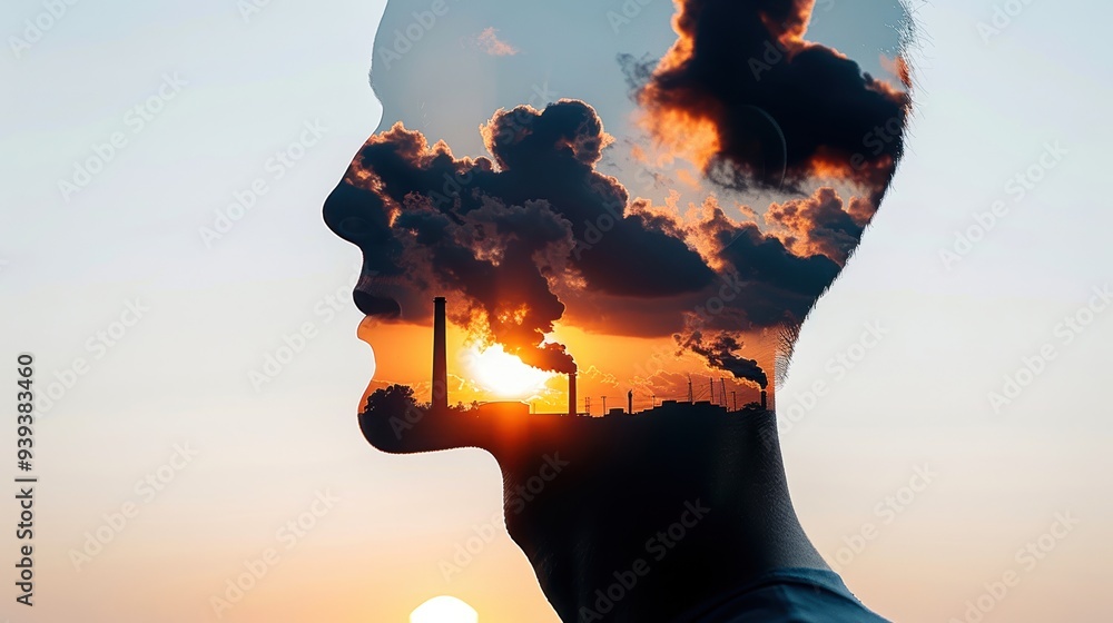 Double exposure of a human silhouette with a factory and pollution in ...