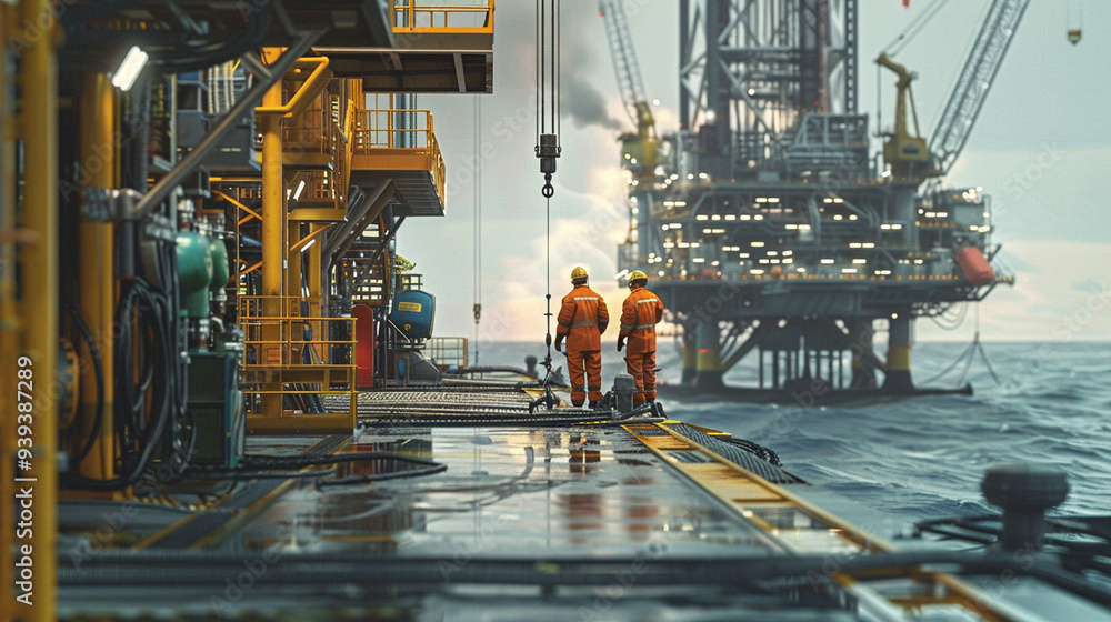A massive offshore oil rig where a team of petroleum engineers is ...