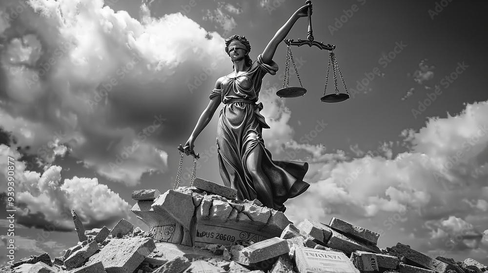 A crumbling statue of Lady Justice, symbolizing the destruction of ...