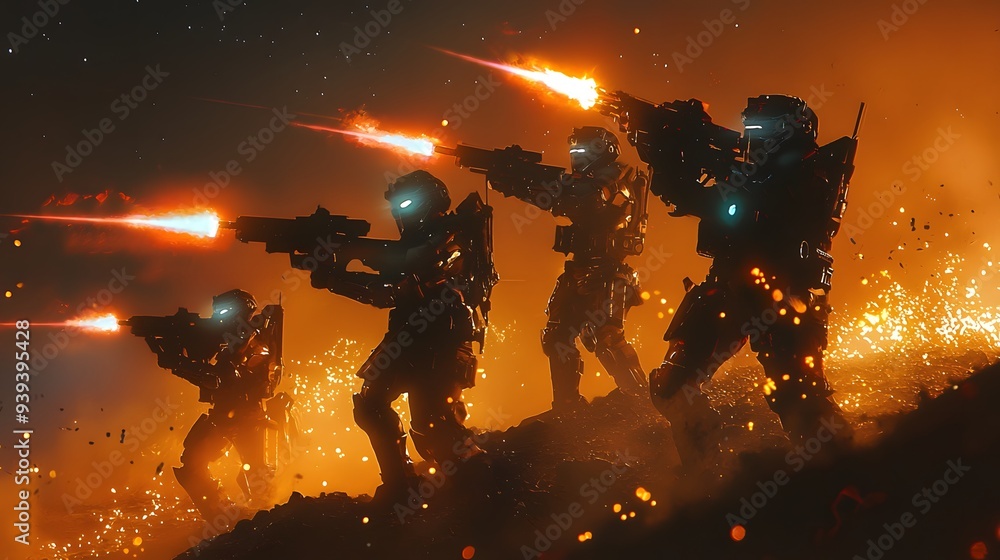 Cybernetic Inferno: A squad of futuristic soldiers unleash a barrage of ...