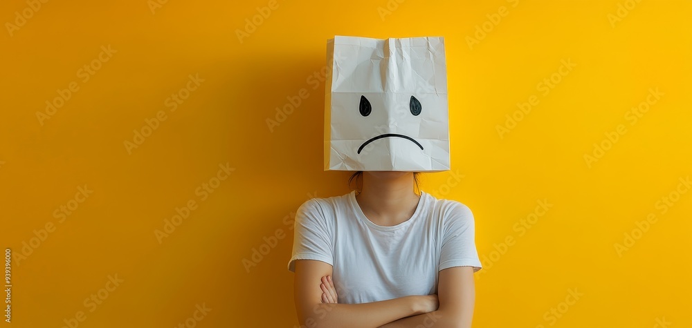 Photo & Art Print Hidden Sadness A woman wearing a paper bag with a sad ...