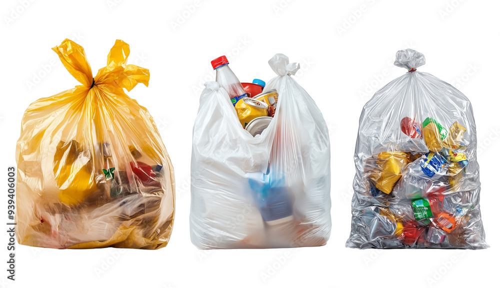 Three plastic garbage bags filled with different types of waste ...