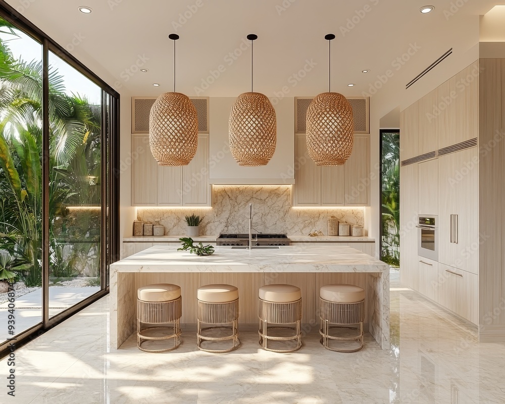 Tropical Kitchen Island Island with wicker pendant lights marble ...