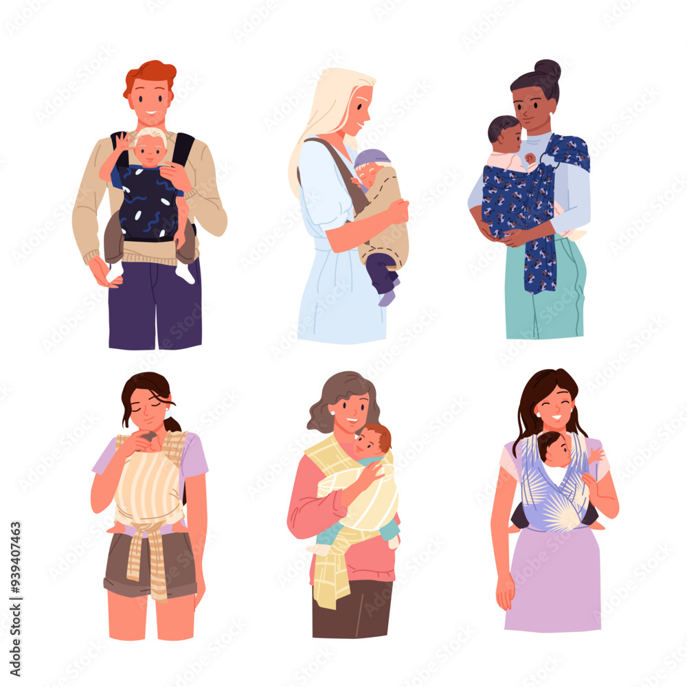 Cute parents carry newborn children in carrier collection, young man ...