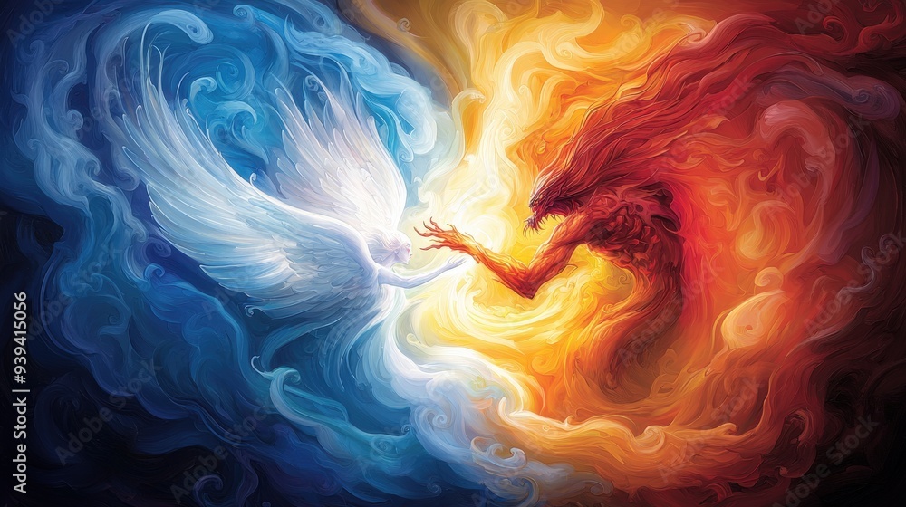 Angelic figure with radiant wings fighting a demonic entity in a ...
