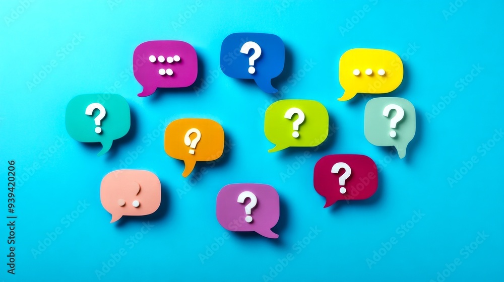 Colorful question mark speech bubbles on a bright blue background ...