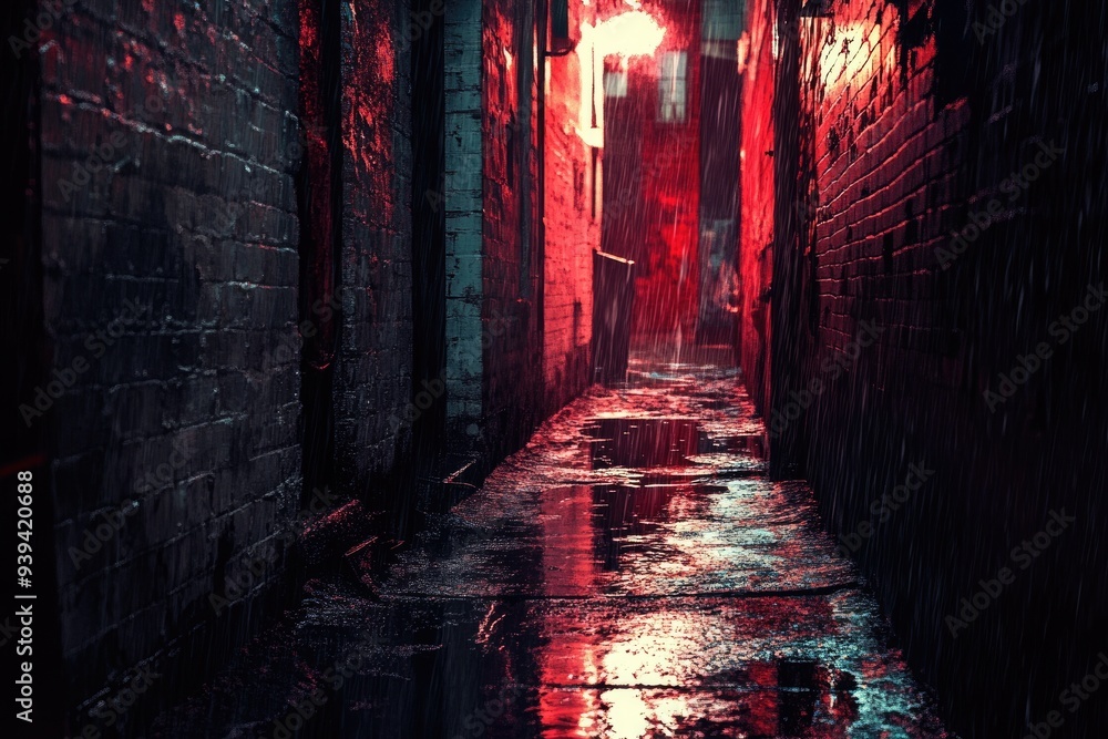 Creepy Alleyway. Illustration of Dark and Wet Back Alley with Red Light ...