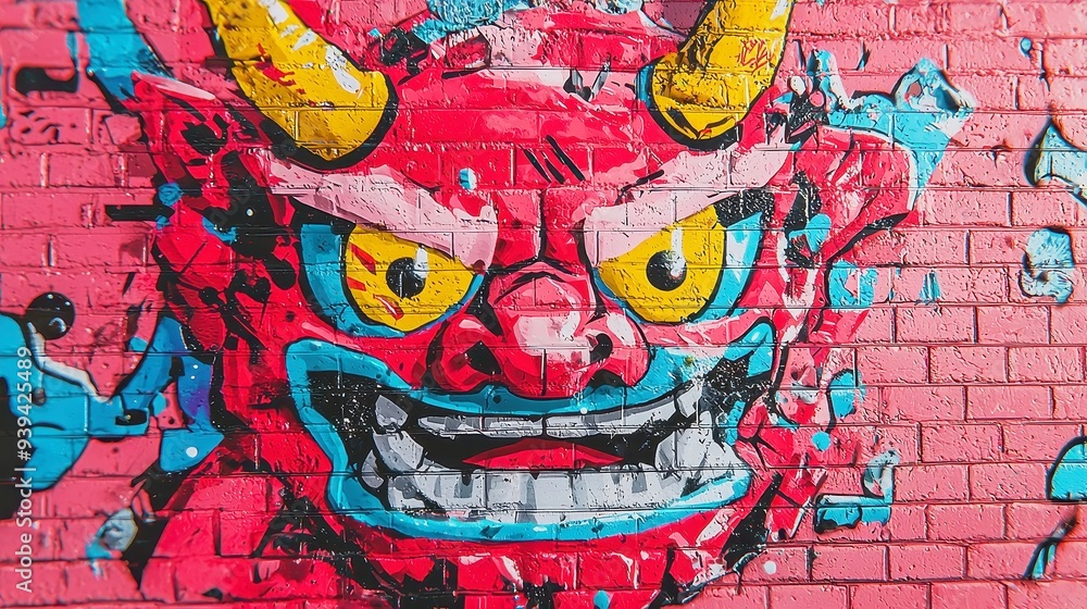 Japanese demon mask graffiti on a brick wall, glowing eyes contrast ...