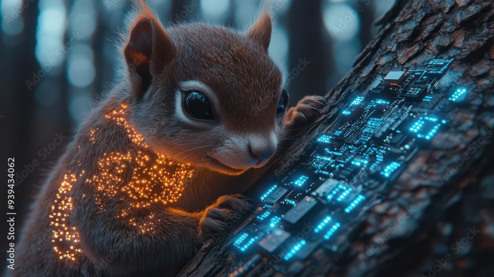 mischievous cyborg squirrel with glowing circuits peeking around a ...