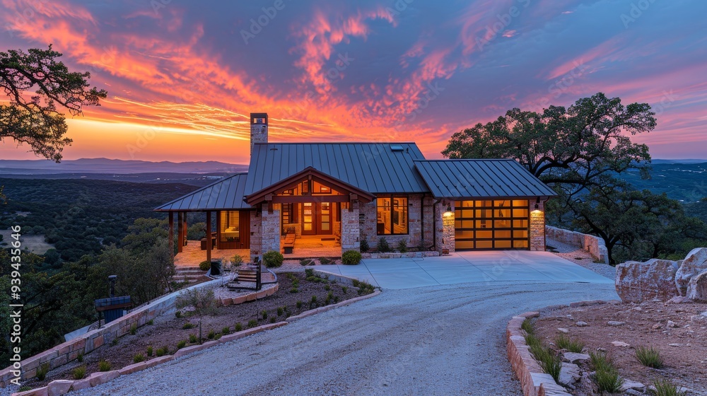A modern ranch-style house highlighted by a stunning sunset, offering ...