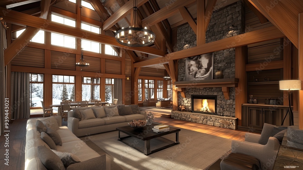 A warm, rustic ski chalet interior featuring timber frames, high ...