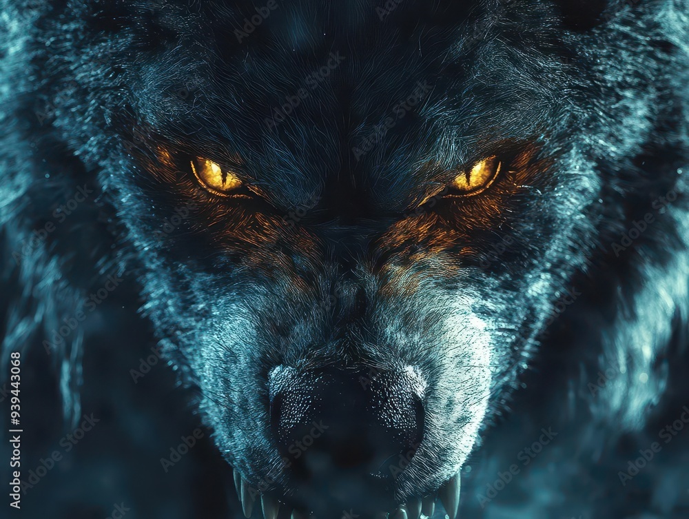 menacing werewolf face in shadowy moonlit forest piercing eyes and ...