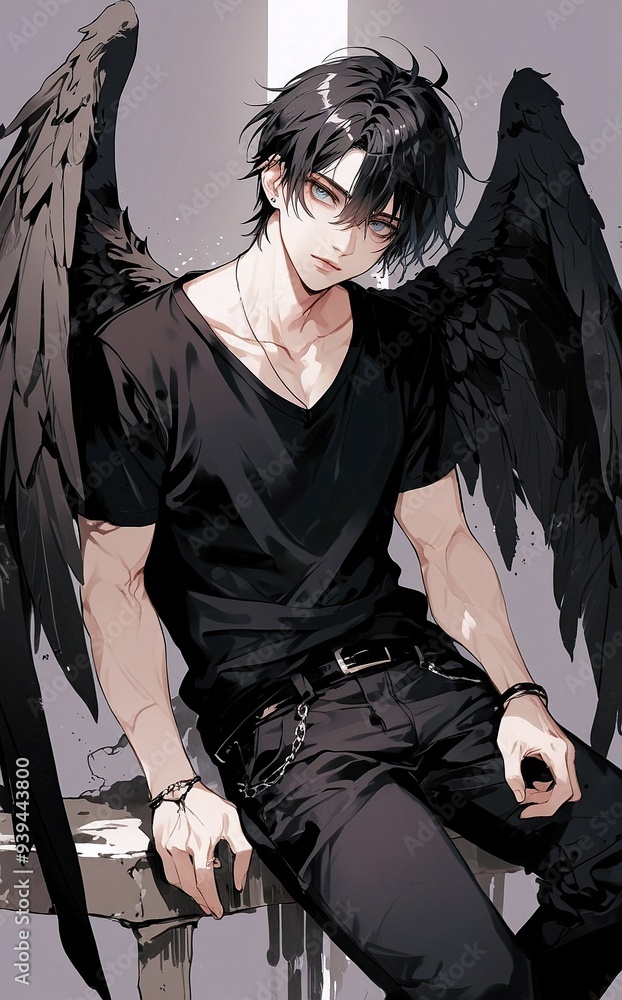 a fallen angel guy, male fallen angel, cool guy, wild guy, ink ...