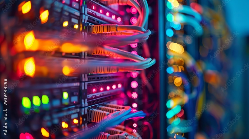 Colorful network cables are shown connected to servers, lighting up a ...
