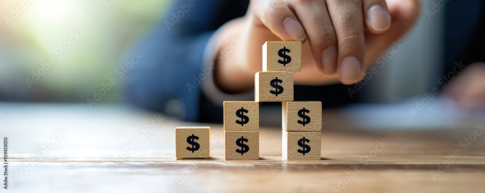 A person is stacking wooden blocks with dollar signs on them. The ...