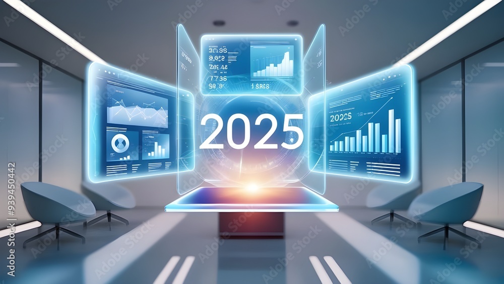 Holographic Interface, A holographic interface floating in mid-air, with translucent screens ...