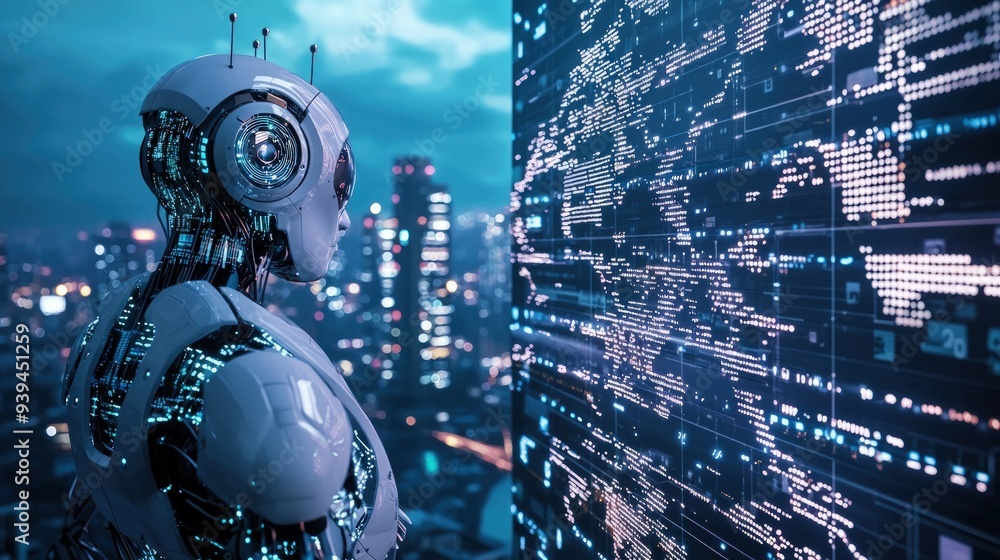 A robot stands in front of a computer monitor displaying a map of the ...