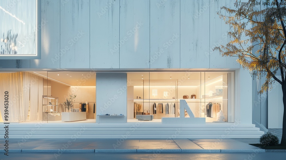 The image showcases a minimalist storefront with large glass windows ...