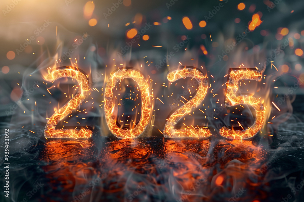 Fiery digits glowing in celebration for arrival of new year 2025 ...