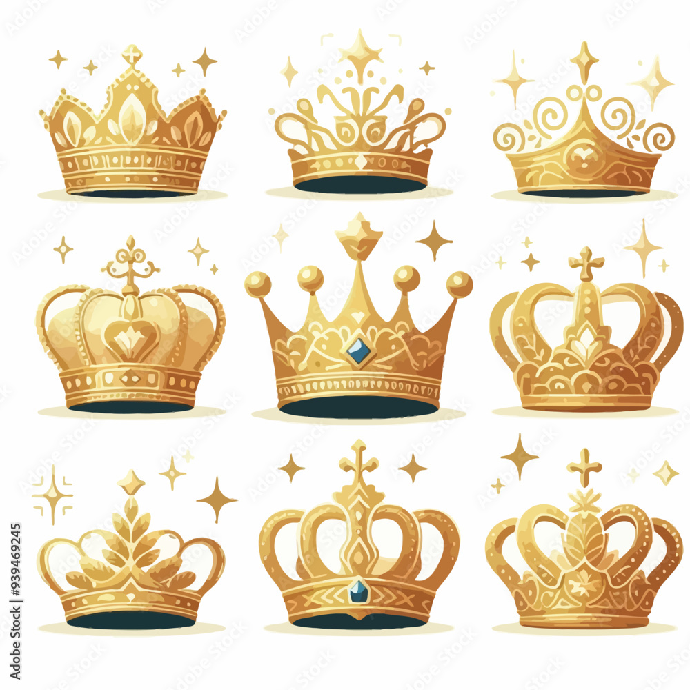 Crowns set. Golden royal jewelry symbol of king queen and princess ...