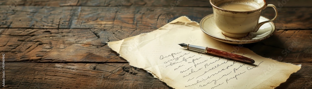 Vintage scene with an old handwritten letter and a pen on aged paper ...