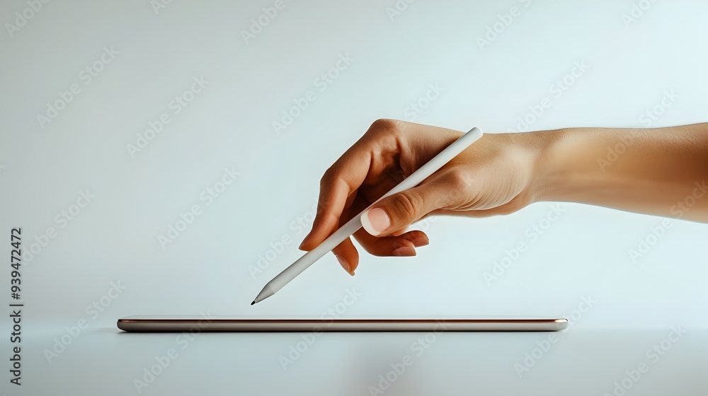 Closeup of a hand holding a digital stylus hovering over a tablet ...