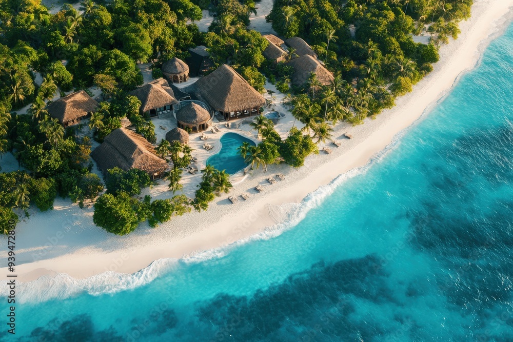 An aerial view of a tropical beach resort showcases thatched-roof huts ...