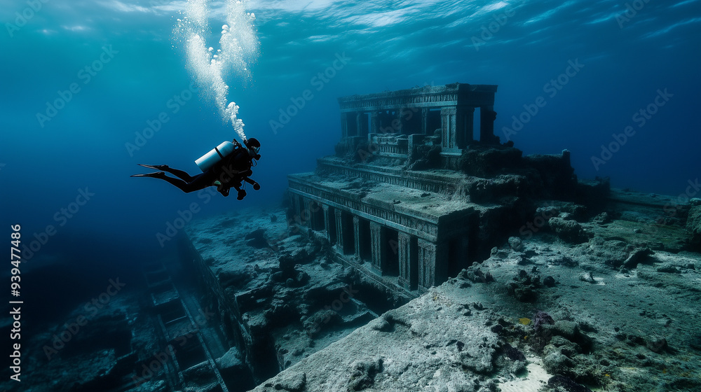 Exploring mysterious underwater ruins, a scuba diver delves into ... Exploring mysterious underwater ruins, a scuba diver delves into ...