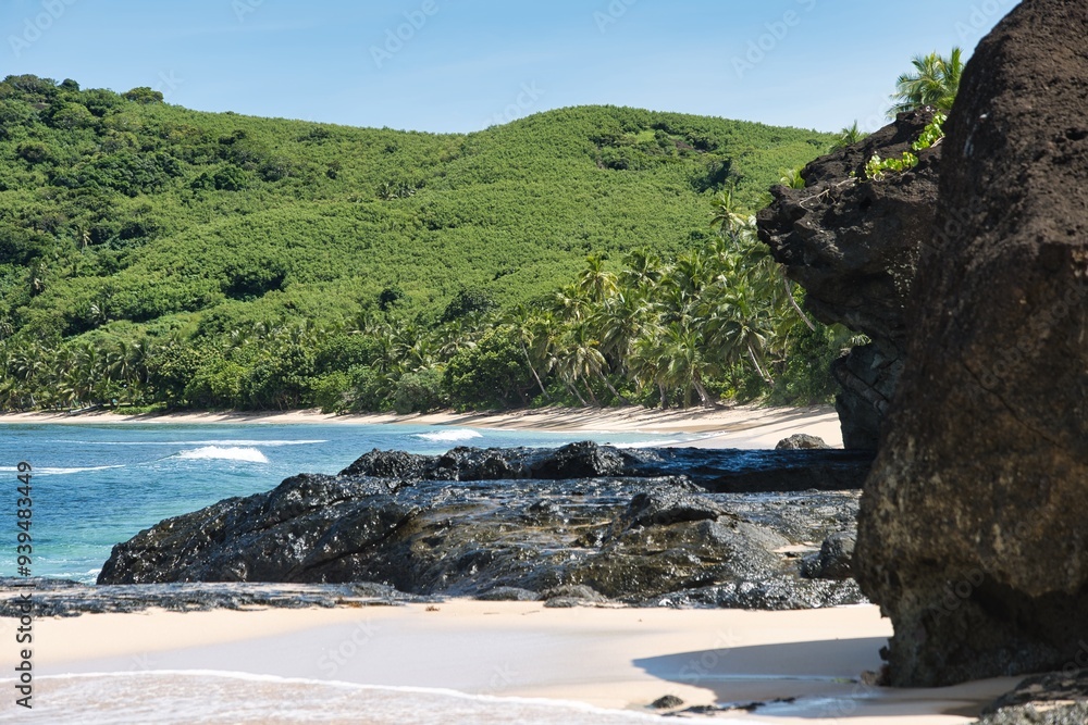Big black rocks on a beach. Beautiful sandy beach with coconut trees on ...
