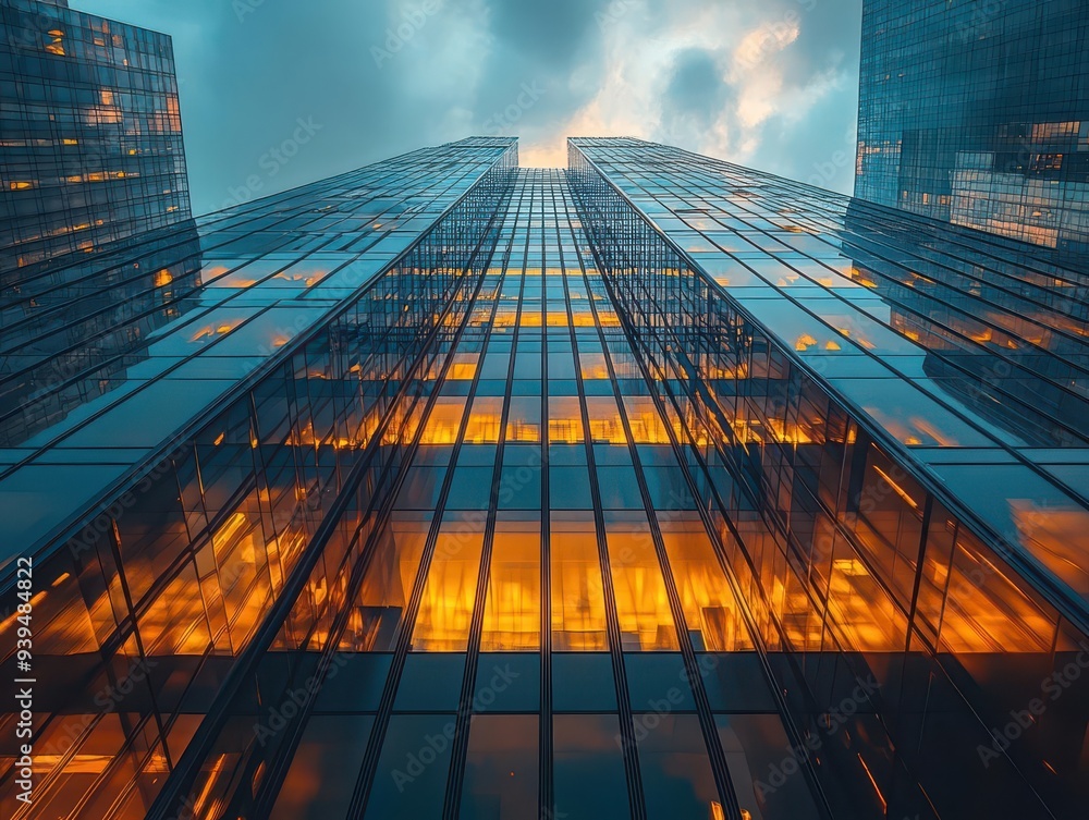 sleek glass and steel skyscraper reflective facades dynamic angles ...