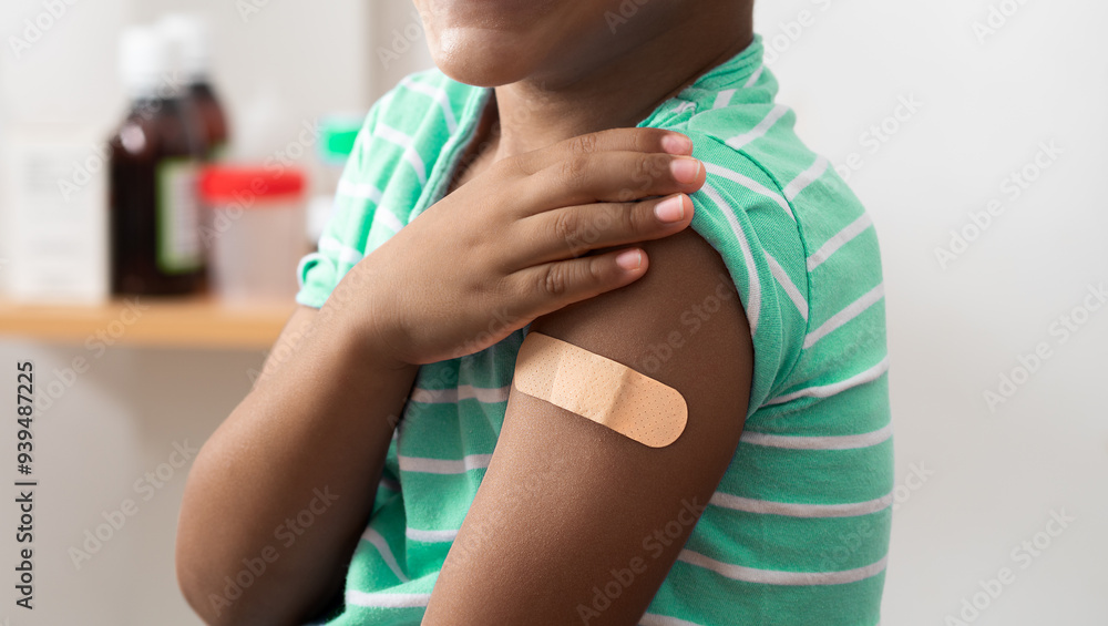 Vaccine and child with plaster on arm, medical shoulder injection dose ...