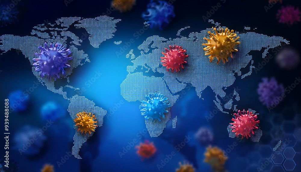 world map blurred borders colored shapes symbolizing viruses set dark ...