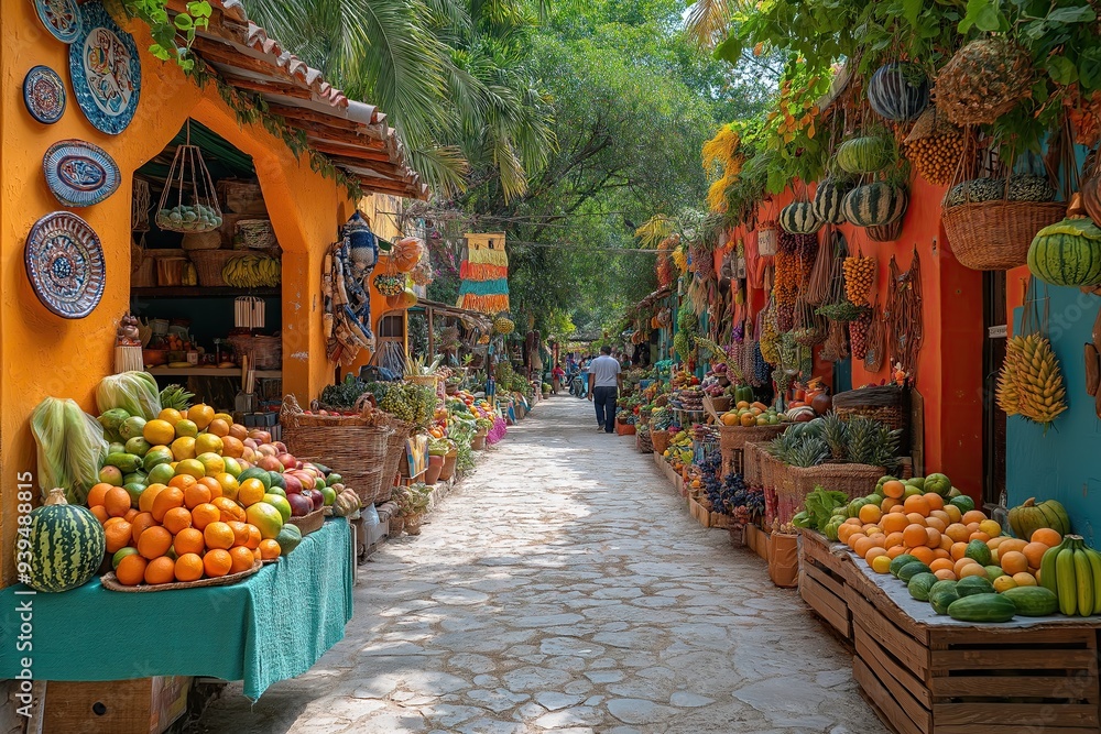Vibrant outdoor market street lined with colorful fruit and vegetable ...