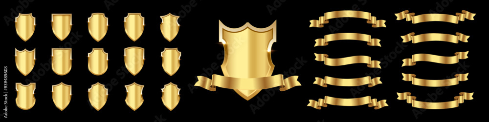 Golden award metal shields and ribbons of different shapes on black ...