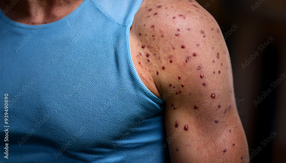 detailed view human skin showing characteristic monkeypox lesions ...