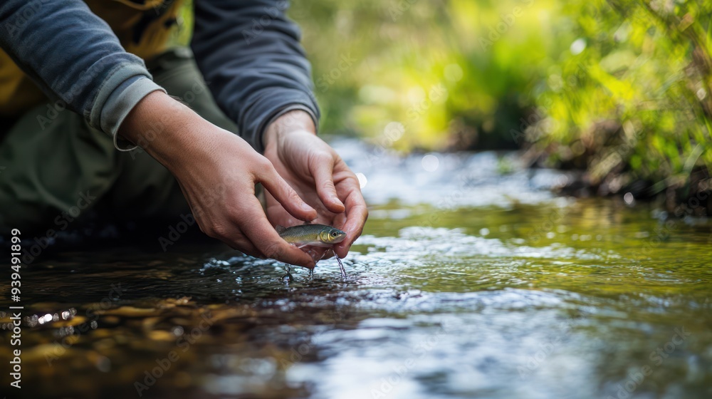 A serene river scene where a researcher is releasing baby fish into the ...