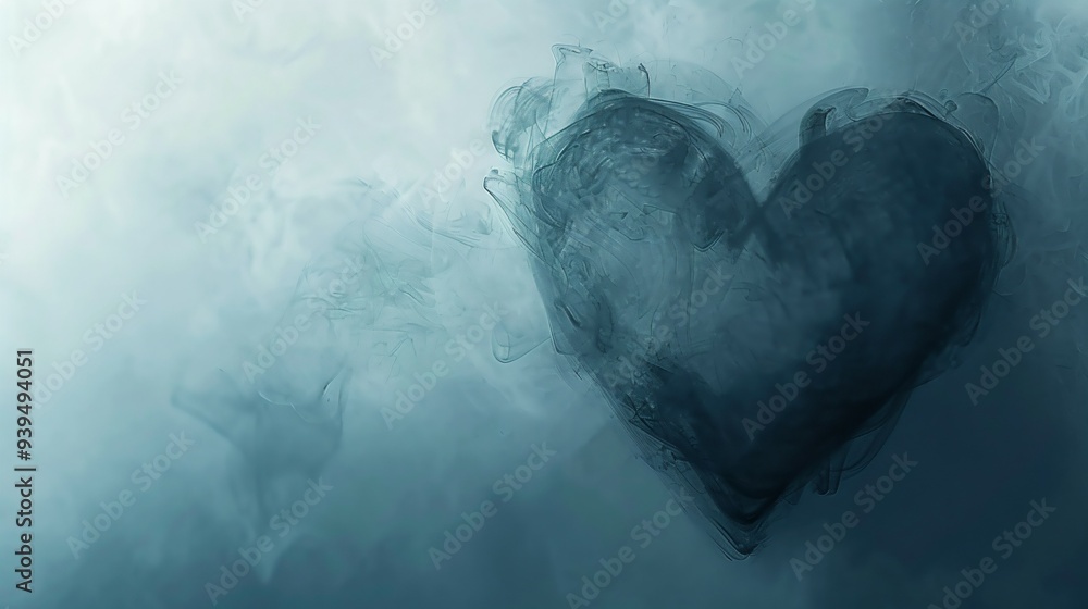 Abstract heart shape in empty void, soft gradients of blue and gray ...