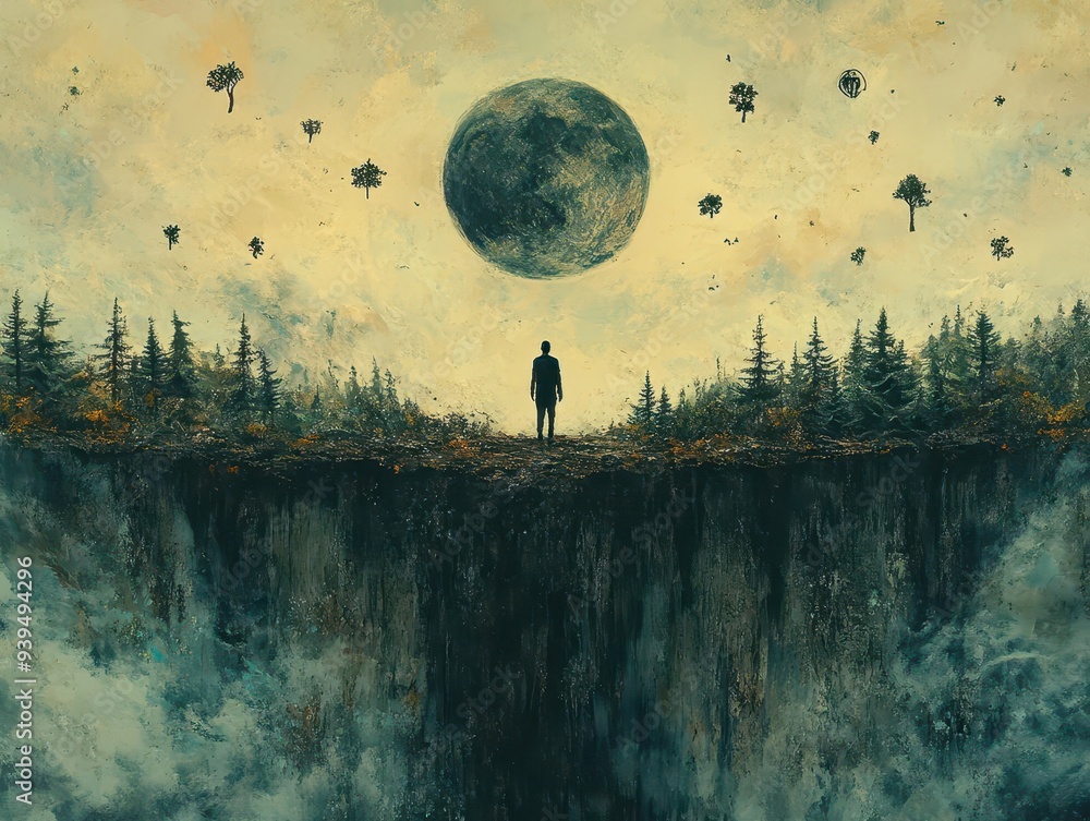 surreal landscape split between lush forest and barren wasteland figure ...