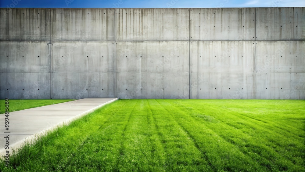 Rough concrete wall and path with green grass, concrete blocks ...