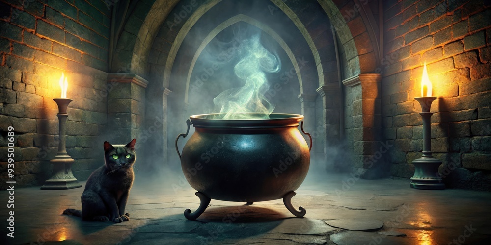 Boiling witch's cauldron in a gothic crypt with a black cat, witch ...