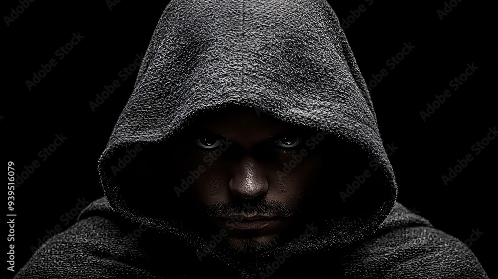Mysterious figure in a hooded cloak with a dark backdrop, perfect for ...