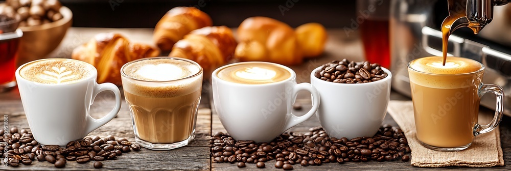 Coffee cups and croissants in coffee shop, split screen collage, hot ...