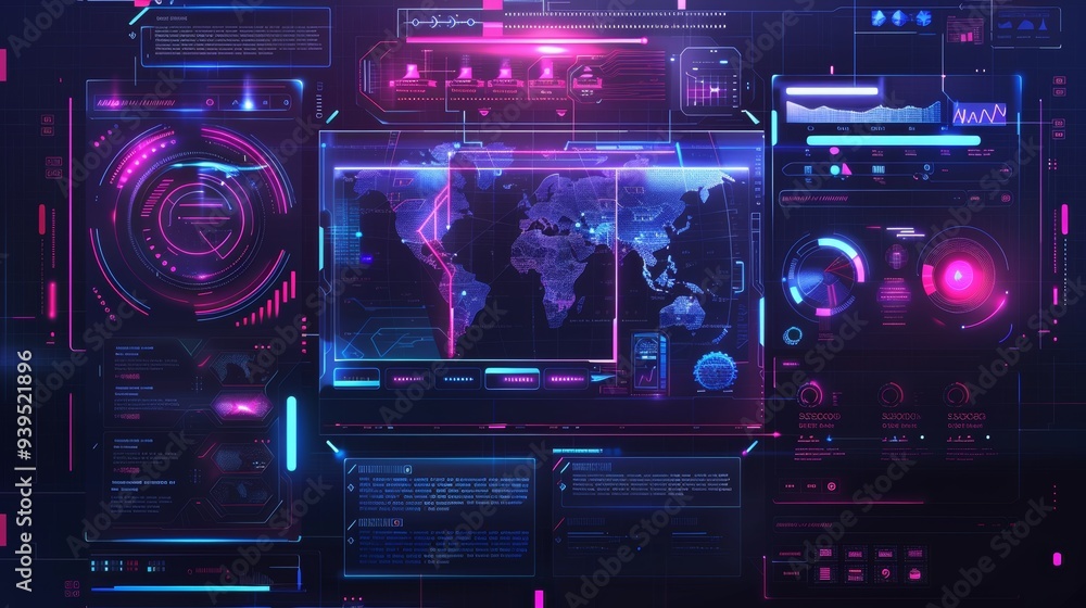 An advanced digital interface displaying a global map, data ...