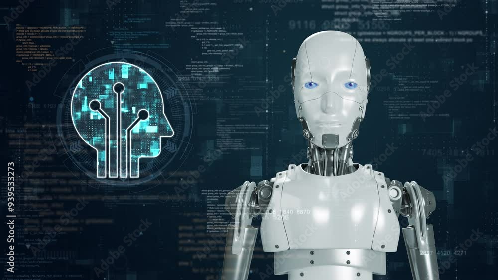 Motion graphic of A robot against a high-tech digital background and a ...