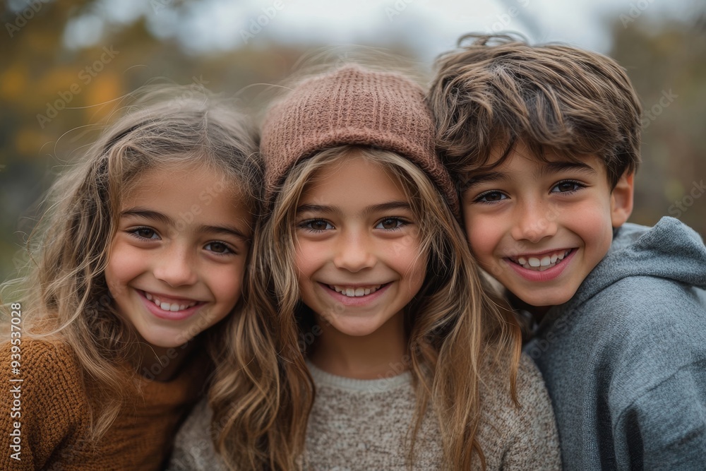 Beautiful Portrait of smiling happy kids outdoors. Four siblings ...